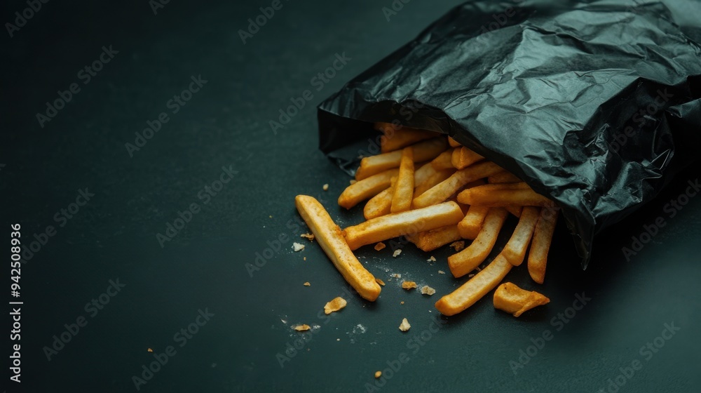 French fries spilling out of a black trash bag onto a dark surface ...