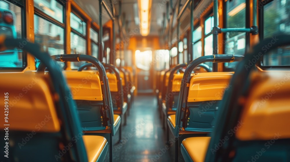 Empty bus interior with rows of seats and warm lighting, capturing a ...