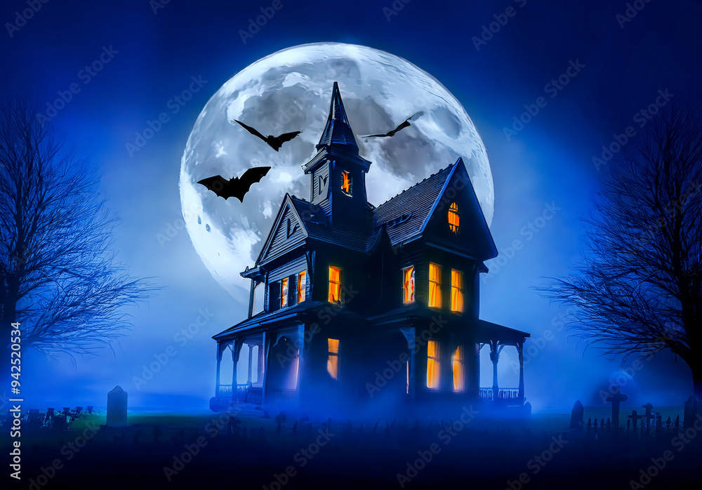 Spooky, gothic house under large full moon. The house has glowing ...
