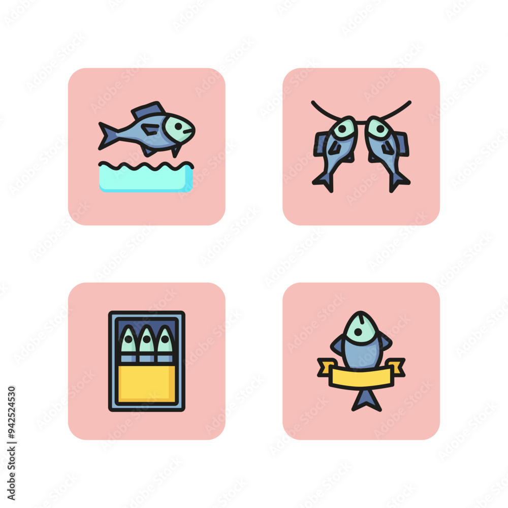 Marine food line icon set. Sardine, fish market symbol, dried fish ...