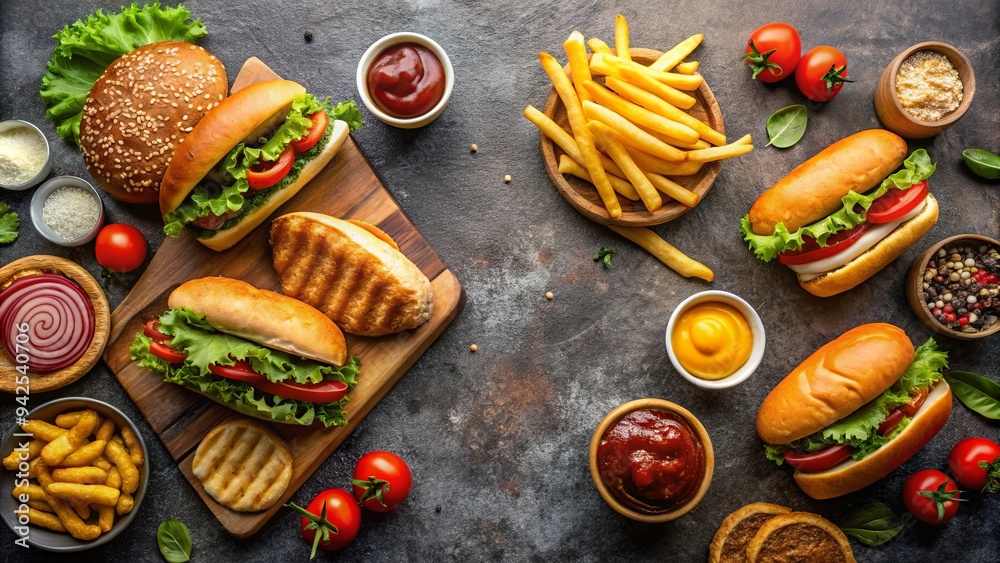Flat lay of various fast food ingredients including burgers, hot dogs ...