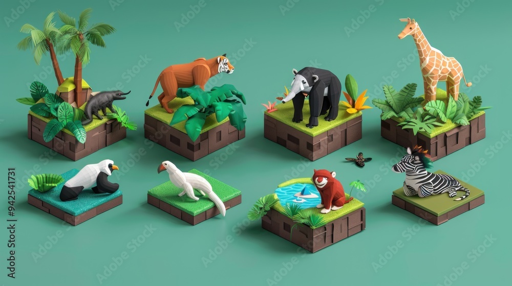 3D Papercraft Jungle Animals with Tropical Plants. Stock Illustration ...