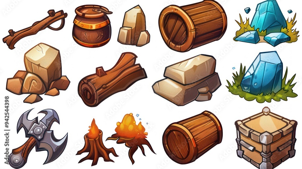 Cartoon game assets - nature, tools, and resources. Stock Illustration ...
