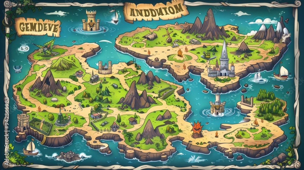 Cartoon Fantasy Island Map Illustration. Stock Illustration | Adobe Stock