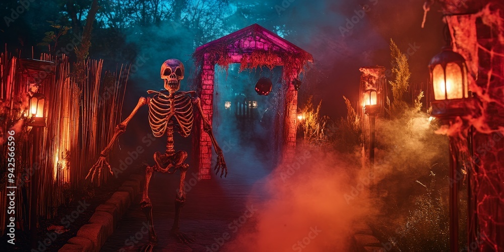 Spooky haunted maze entrance with eerie fog, flickering lanterns, and a ...