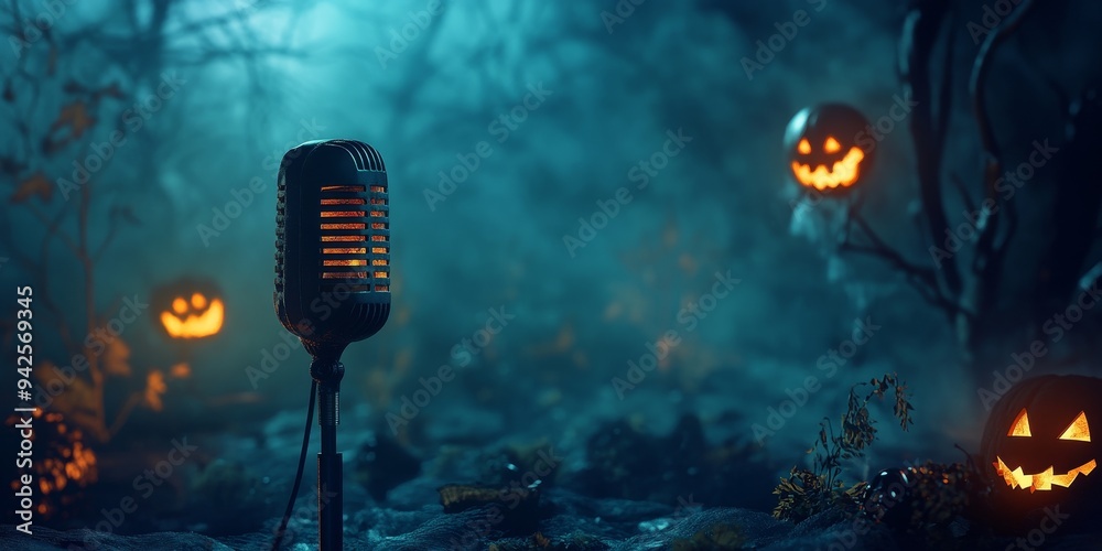 Spooky horror podcast setup with a glowing microphone, eerie sound ...