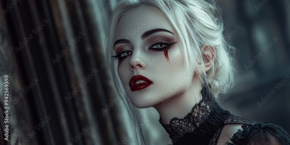 Gothic vampire makeup with pale skin, dark smoky eyes, and blood ...