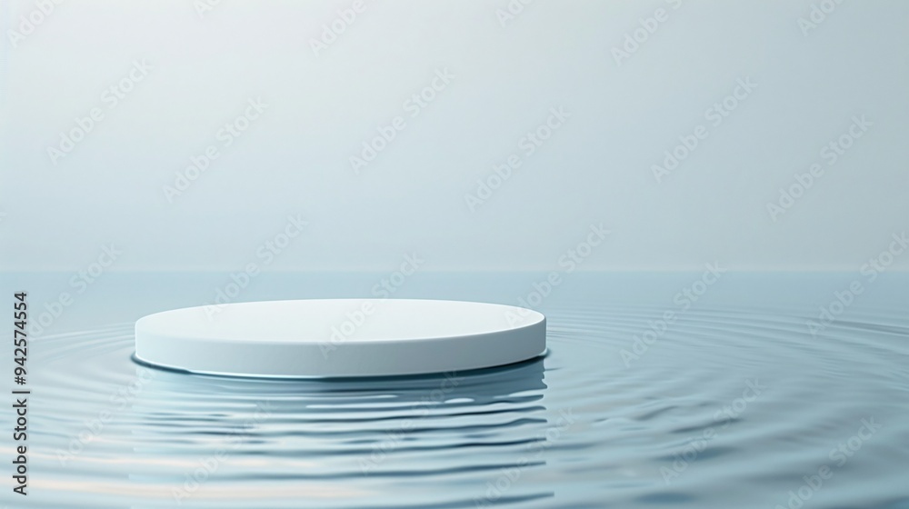 27. Circular white platform, minimalist product display, calm water ...