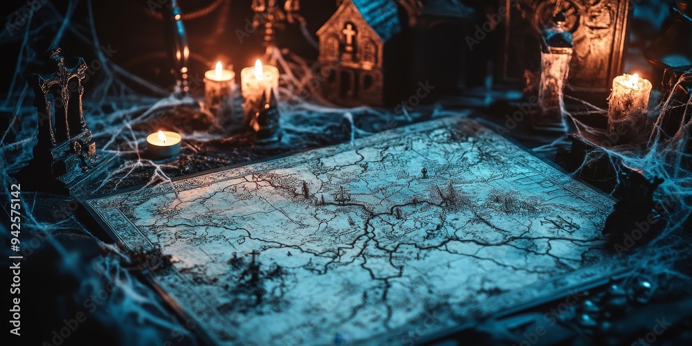 a haunted treasure hunt map with spooky landmarks like haunted mansions ...