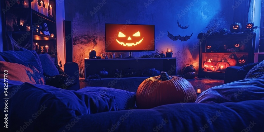 Creepy movie night setup with Halloween-themed pillows, a glowing TV ...