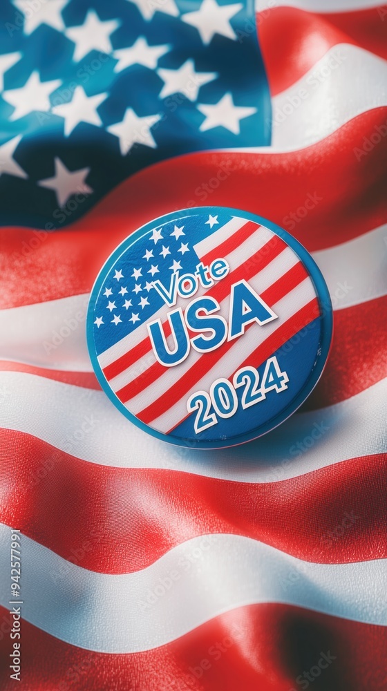 Ultra-Realistic 3D Election Badge 'Vote USA 2024' on Waving American ...
