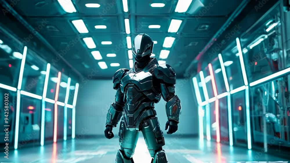 Armored figure stands in futuristic corridor. Neon lights reflect off ...