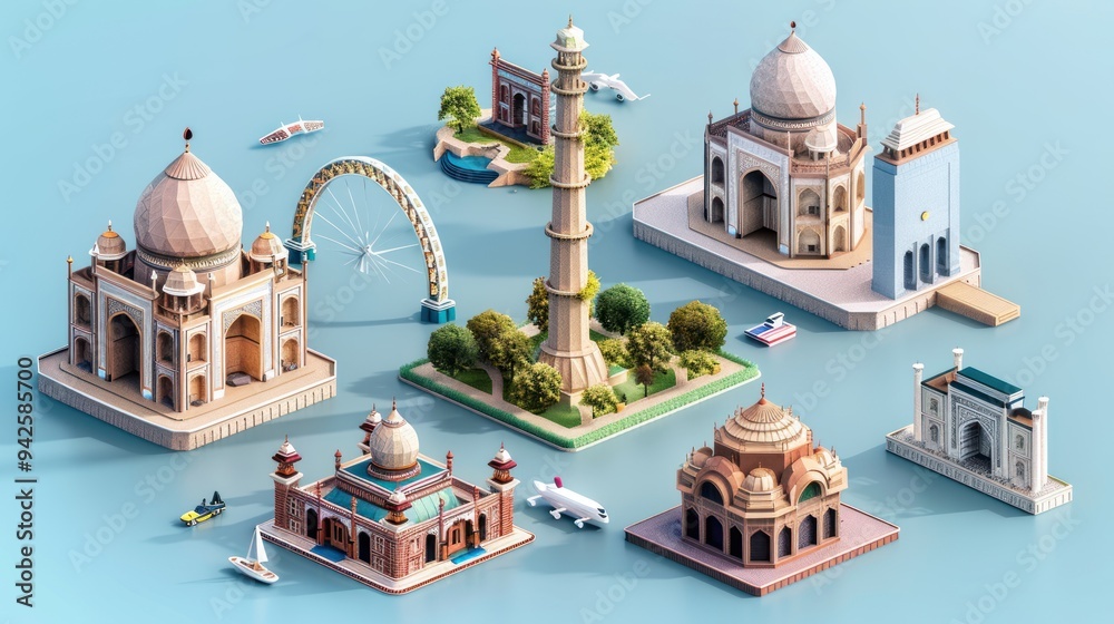 Miniature Taj Mahal and other iconic Indian landmarks on blue ...