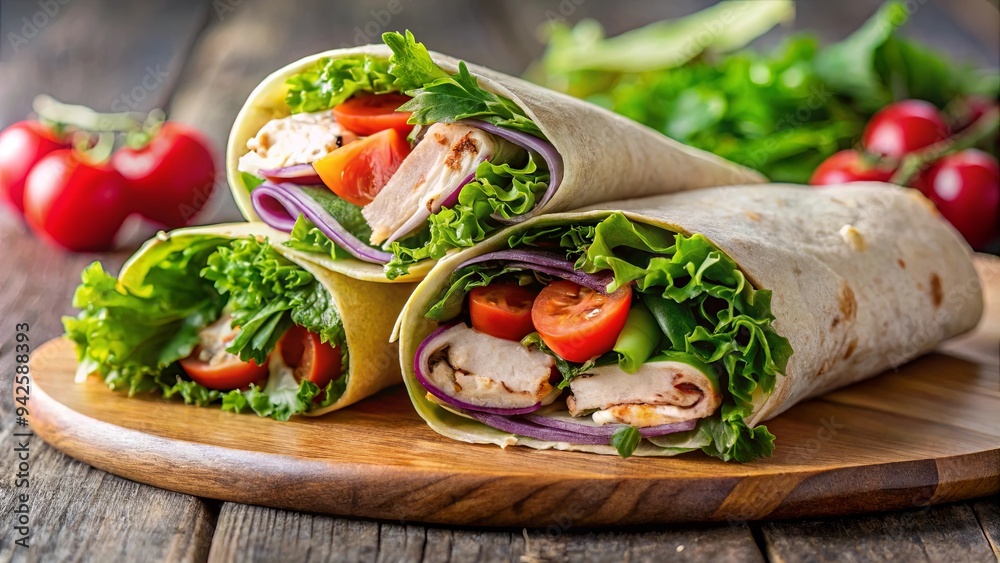 Healthy whole grain chicken wrap with mixed greens A fresh and ...