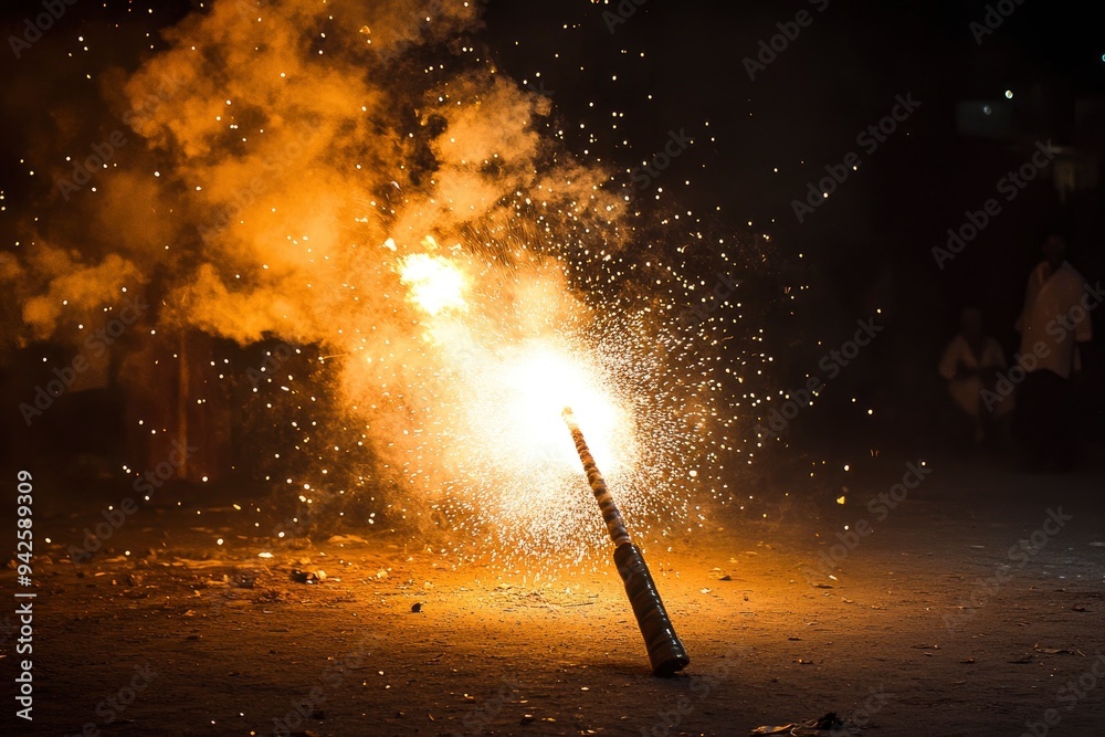beautiful night photograph diwali rocket launching hot fire work flames ...