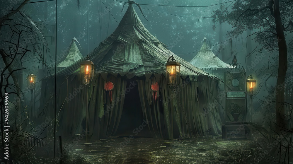 Mysterious Tent Gathering, an eerie camp in a foggy forest, illuminated ...