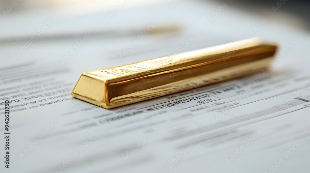Gleaming golden bar laying atop financial documents documents and ...