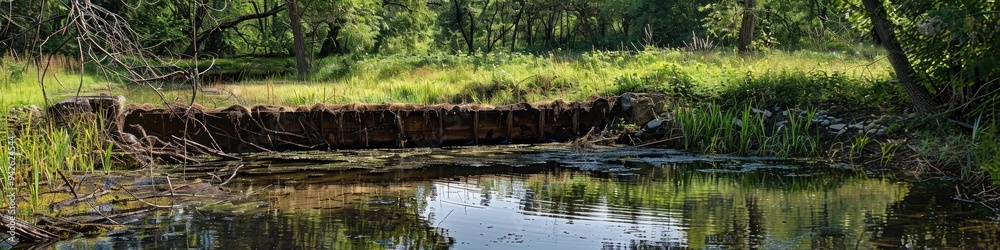 1 Dam built in a pond to collect surface debris 2 Process of removing ...