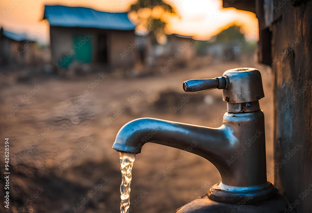water is pouring from the tap in the countryside during a water ...