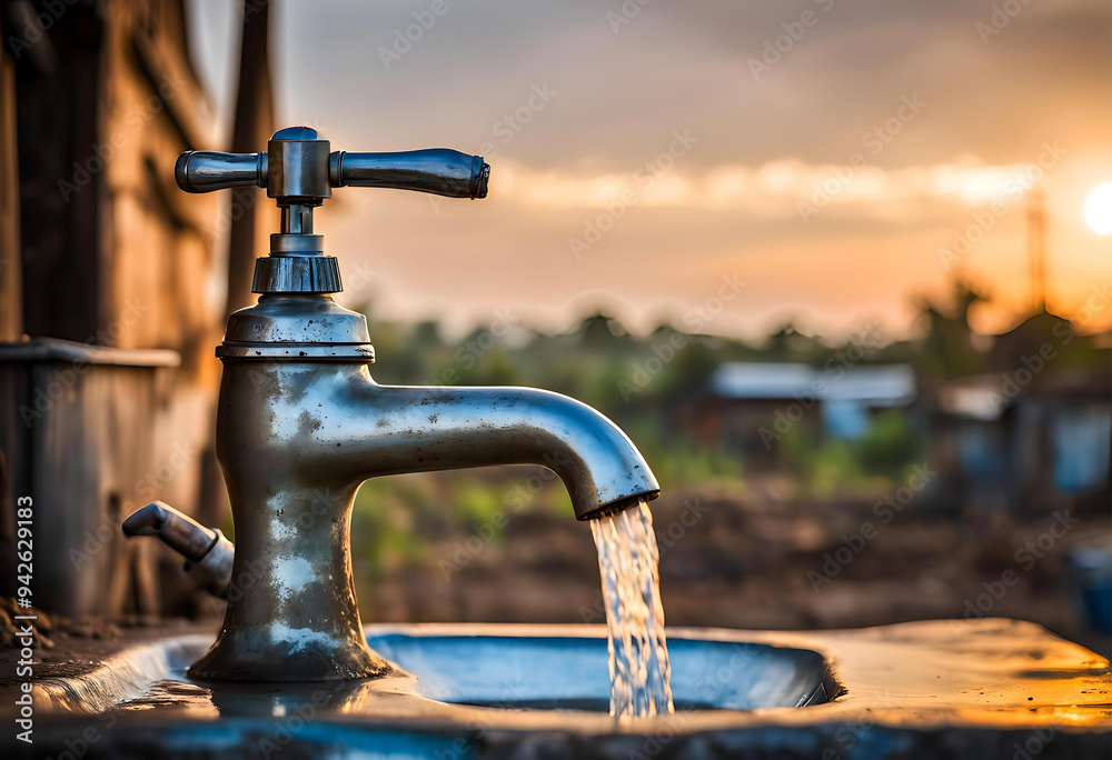 water is pouring from the tap in the countryside during a water ...