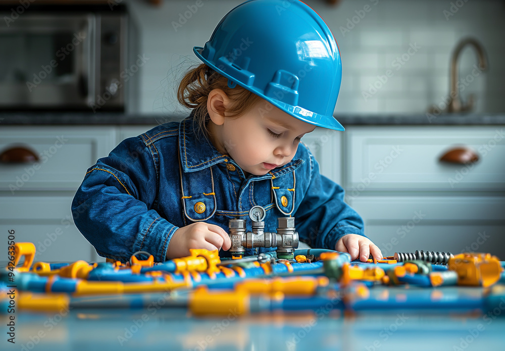 Boy in plumber suit changing faucet in white kitchen with pipes and ...