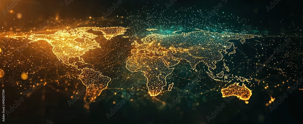 Digital world map with HUD elements. Earth hologram with golden glow ...