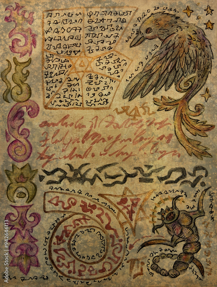 Hand drawn illustration of decorated old page with weird creatures and ...
