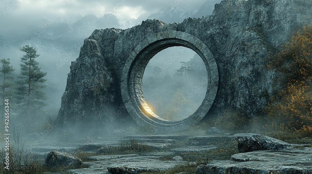 stone gate with a glowing neon circle, symbolizing a mystical portal ...