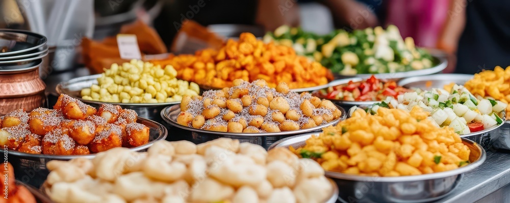 A busy chaat stall with a variety of snacks on display, including sev ...