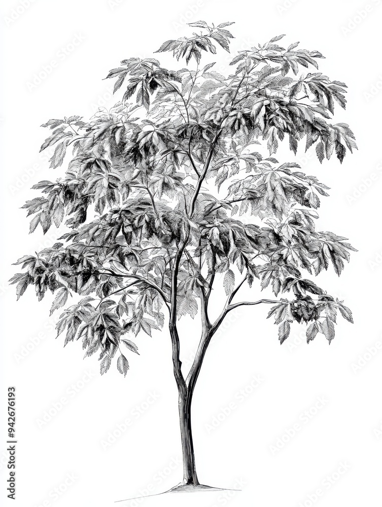 Black and white Vintage engraved art of a black locust tree, isolated ...