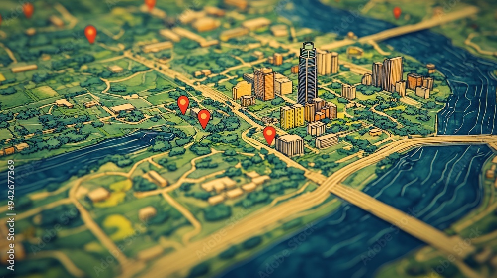 Screenshot of a Google Maps scribble map of Austin, Texas. Green/red pins, yellow popups, bright ...