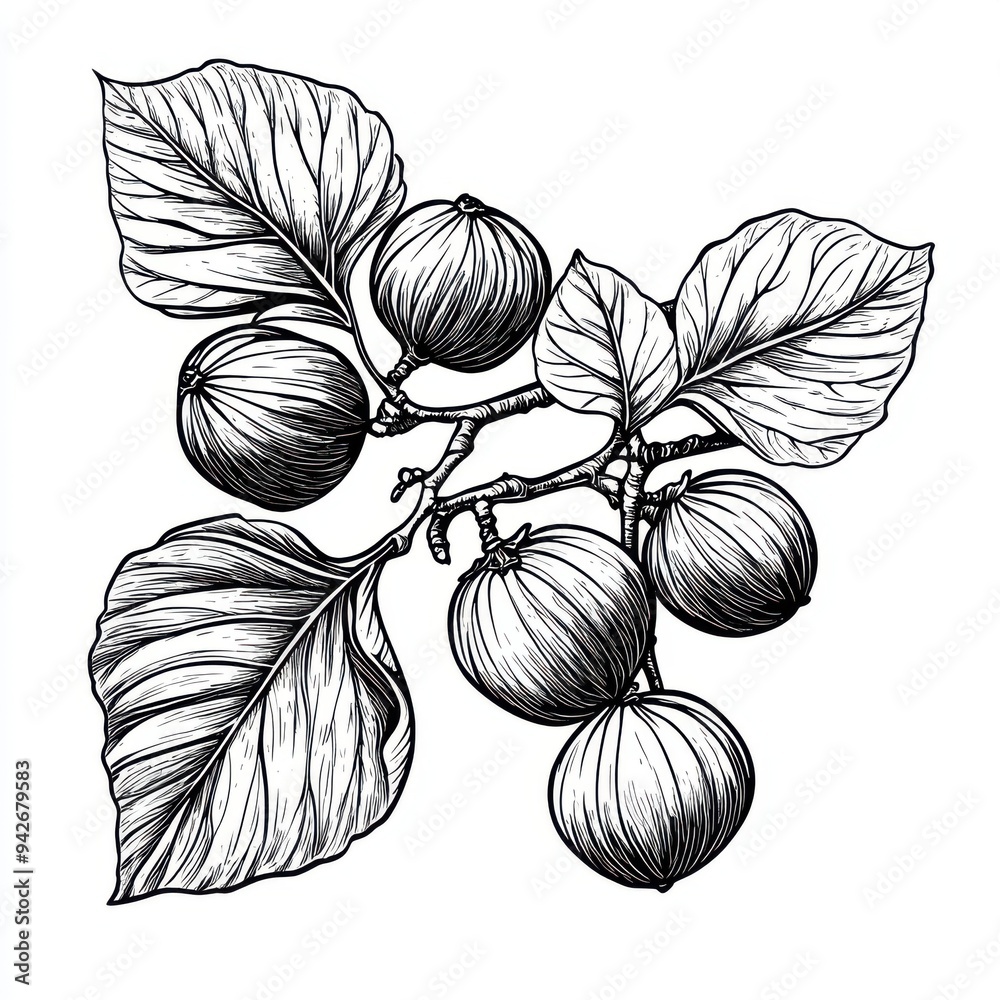 Black and white Vintage engraved art of a branch of figs with leaves ...
