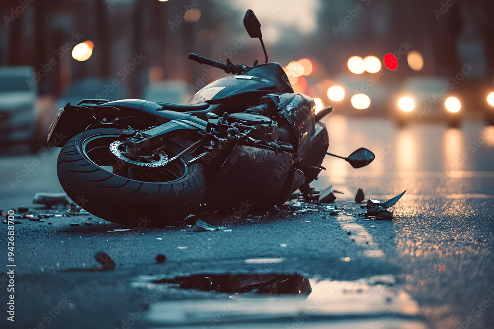 Broken motorcycle after traffic accident crash on urban street. Damaged ...