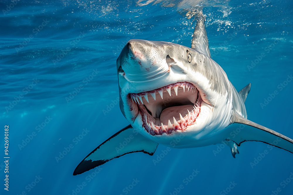 shark is swimming in the ocean with its mouth open. The shark is ...