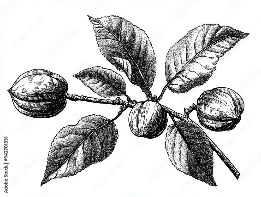Black and white Vintage engraved art of a walnut tree branch, isolated ...