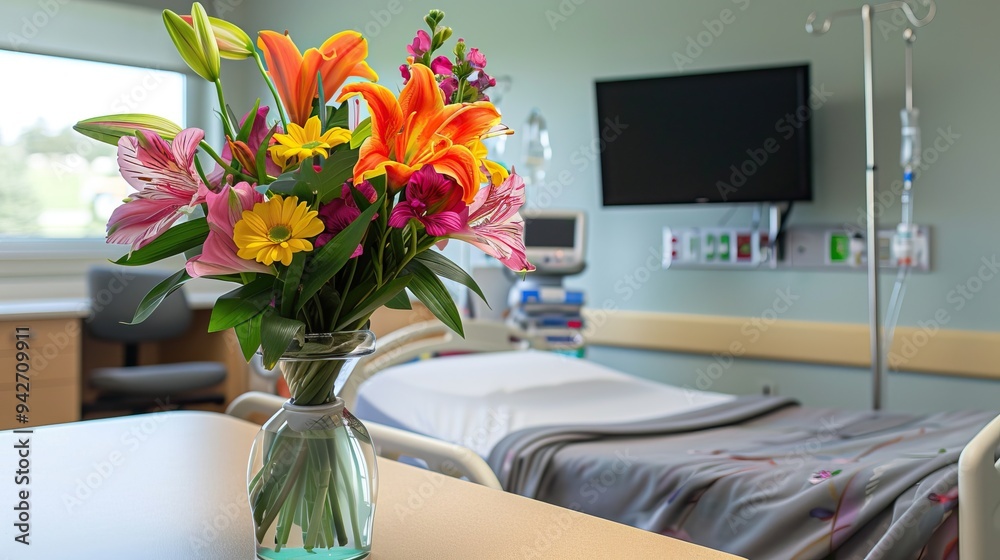 Colorful flower arrangement on hospital bedside table with medical ...