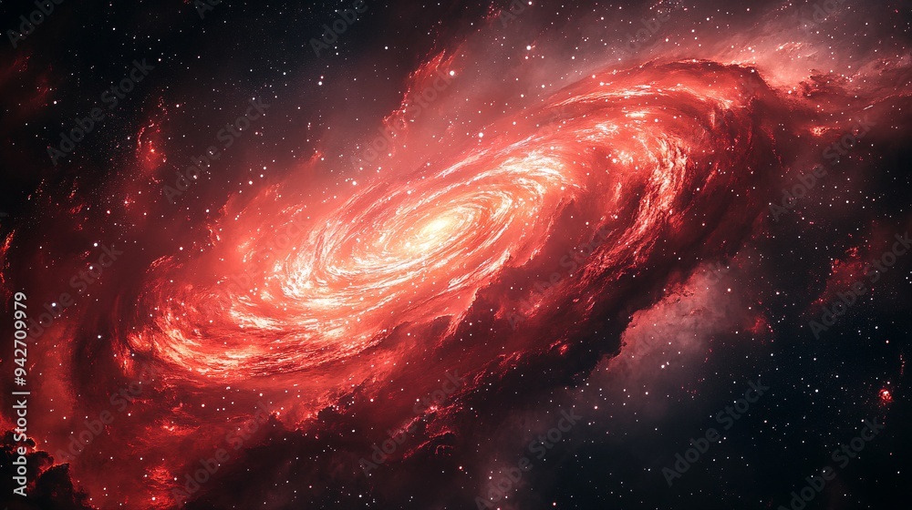 Hyper-realistic red galaxy swirl against a black background, distant ...