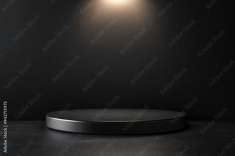 Blank black table platform with bright spotlight isolated on black wall ...