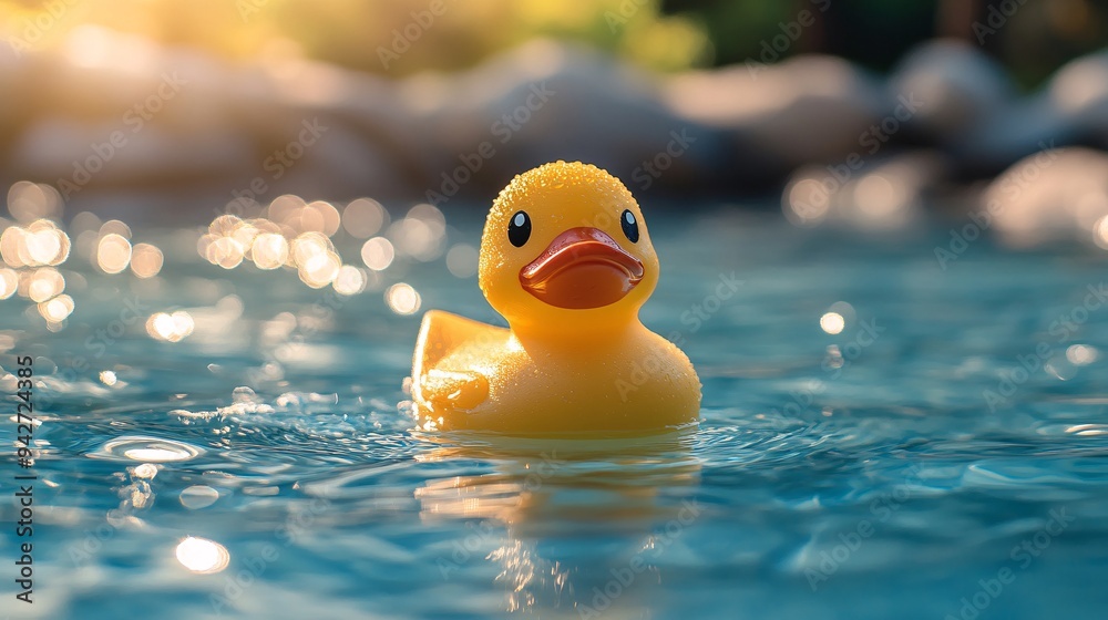 Cute rubber duck bobbing on a tranquil pool, with clear blue water ...