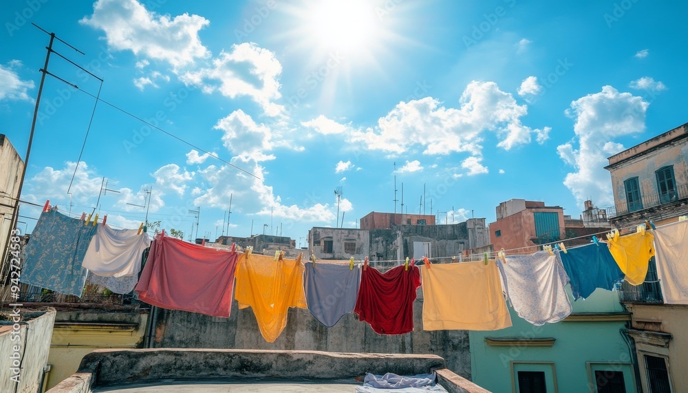 Clothes drying on a rooftop clothesline under bright sunlight and a ...