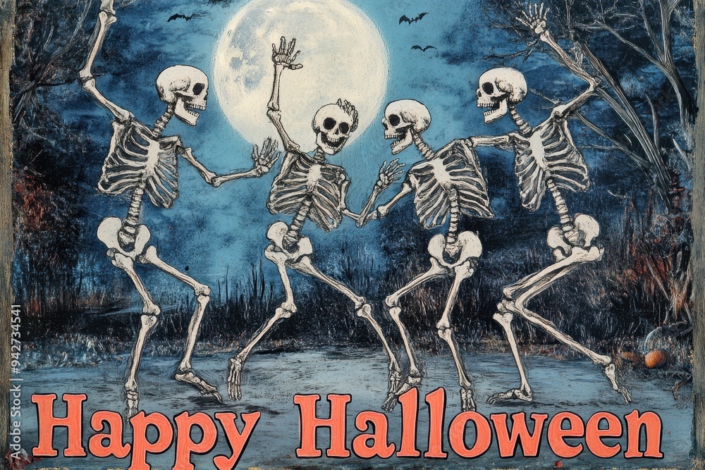 Skeleton Dance Collage: Images of skeletons dancing under the moonlight ...