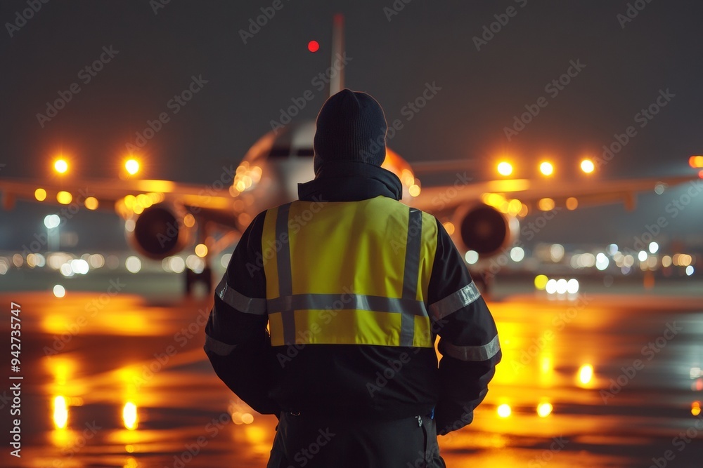 Airport ground staff guiding a plane during nighttime with illuminated ...