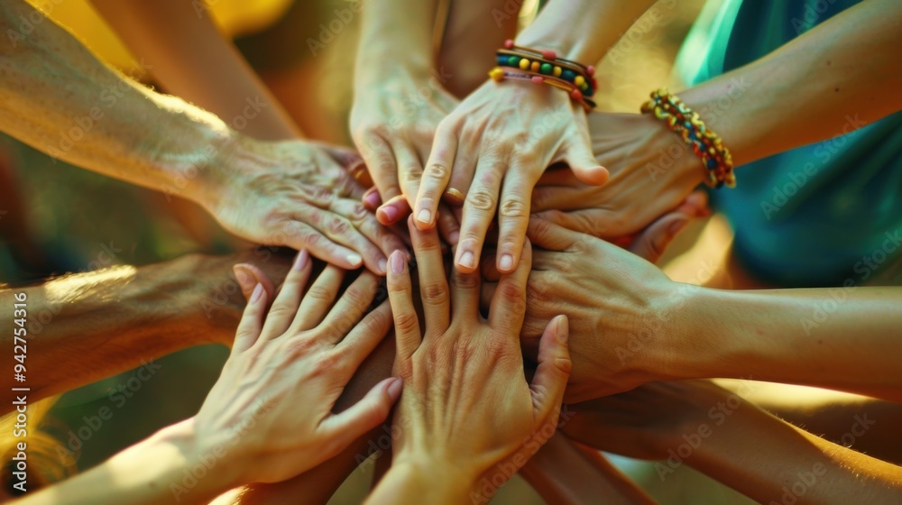 People stacking their hands together as a team, symbolizing unity ...