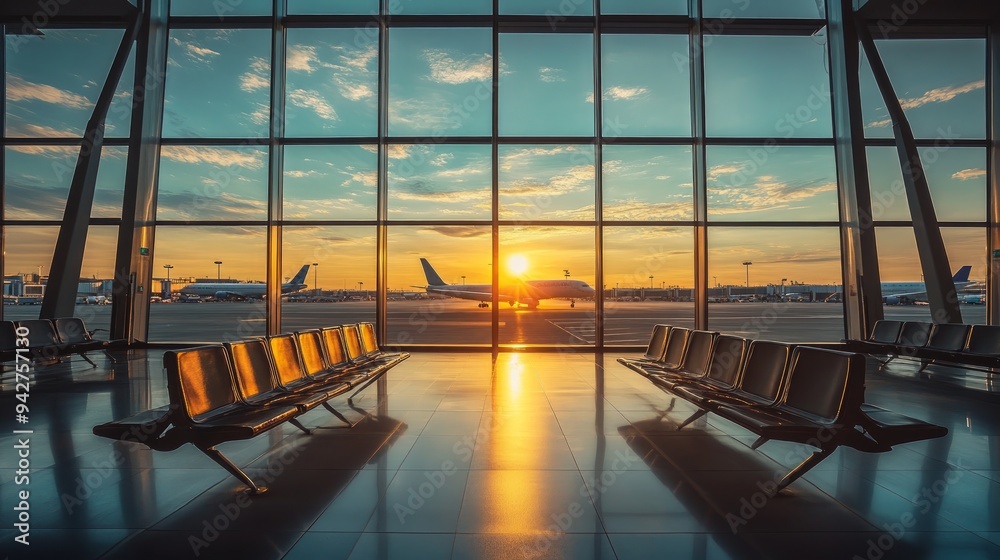 Airport terminal glass window with view of airplane, Suvarnabhumi ...