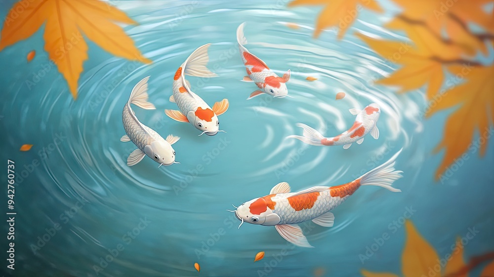 Eight koi fish swimming near the surface, creating gentle ripples on ...