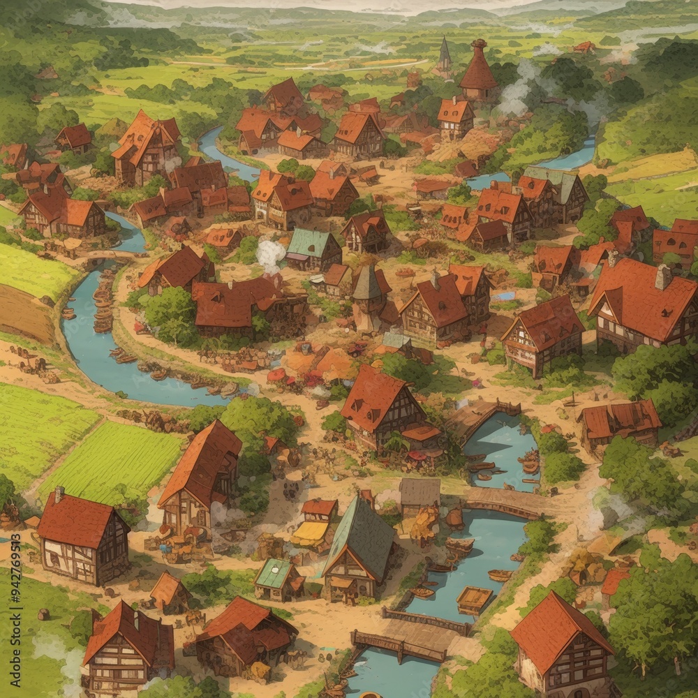 Vibrant Medieval Fantasy Game Board: Top-Down View of Colorful Cartoon ...