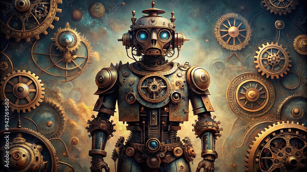 Steampunk robot adorned with gears, cogs, and intricate details in a vintage color palette ...