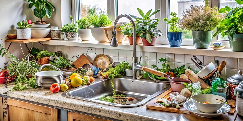 A cluttered kitchen sink filled with dirty dishes and overgrown plants ...