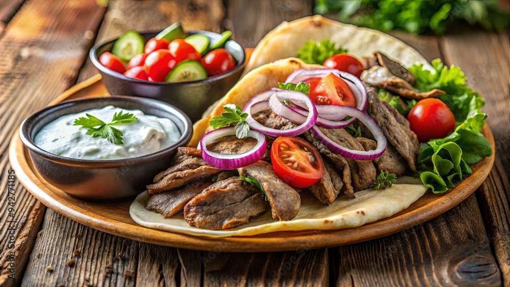 Greasy and mouthwatering beef gyro platter with tender meat, tzatziki ...