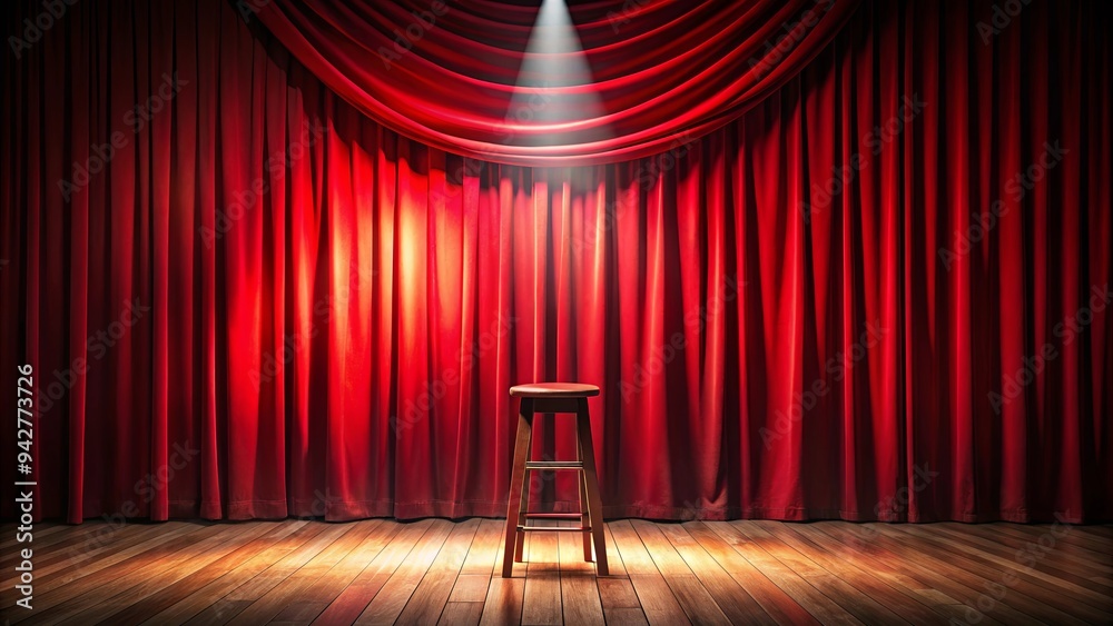 Stage spotlight shining on a single stool with red curtains, creating ...